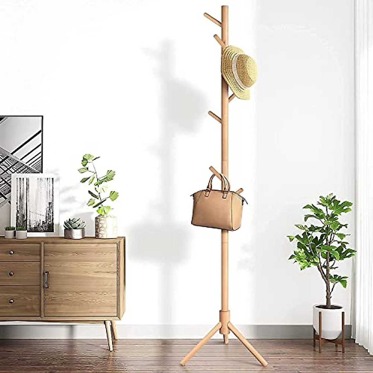 EuroBird Sturdy Wooden Coat Rack Freestanding - Adjustable Coat Rack Stand with 4 Sections & 8 Hooks, Easy Assembly Coat Tree for Coats, Hats, Purse, Entryway, Hallway, Bedroom, Office, etc