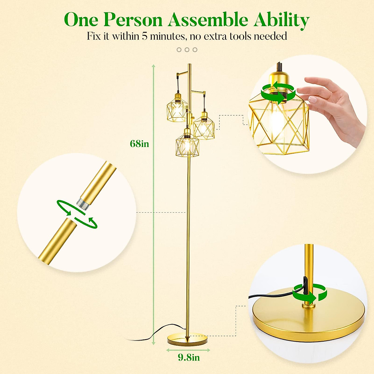 Decorative Gold Floor Lamp,3-Light Farmhouse Floor Lamps for Living Room with Smooth Dimmable ( Adjust Brightness Nightlight ), Modern Style Standing Tall Lamp of Diamond Cage - Bulb Included