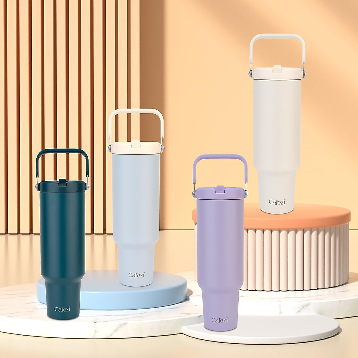 Cafezi 50 oz Insulated Tumbler with Straw, Stainless Steel Water Bottles with Flip Straw and Top Handle, Leak Proof Flip, No Sweat, Fits in Cup Holder, Vacuum Insulated Cup for Home, Outdoors, Car