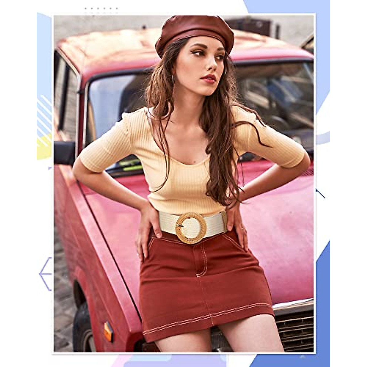 4 Pack Straw Woven Belt Elastic Stretch Rattan Waist Belt Women Skinny Raffia Dress Belt Wooden Buckle Waist Dress Band (Retro Color, Medium)