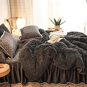 HAIHUA Luxury Plush Shaggy Duvet Cover Flannel Velvet Bedding (1 Faux Fur Duvet Cover +2 Faux Fur Pillowcases)Fluffy Comforter Bed Sets 3 Pieces ,Zipper Closure (Dark Gray, Queen)