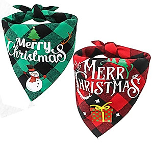 2 Pack Christmas Dog Bandanas,Double Layer Reversible Washable,Merry Christmas Snowman Gift Packages Pattern On Plaid Green Red Soft Cotton for Small Medium Large Dogs Cats Pets