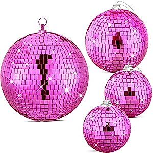 4 Pcs Large Pink Disco Ball Mirror Disco Ball 70s Mellow Pink Disco Ball Hanging Disco Ball Stage Lightning Effect Ball for 70s Theme Party DJ Stage Props Wedding Birthday Decoration(8", 6", 4")