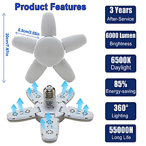 2Pack LED Garage Light Bulb, Mini 60W LED Garage Ceiling Lights 5 Adjustable Panels,6000Lumen Garage LED Light Bulb,E26 6500K Daylight LED Shop Lights for Garage,Kitchen,Indoor,Living Room,Attic Light