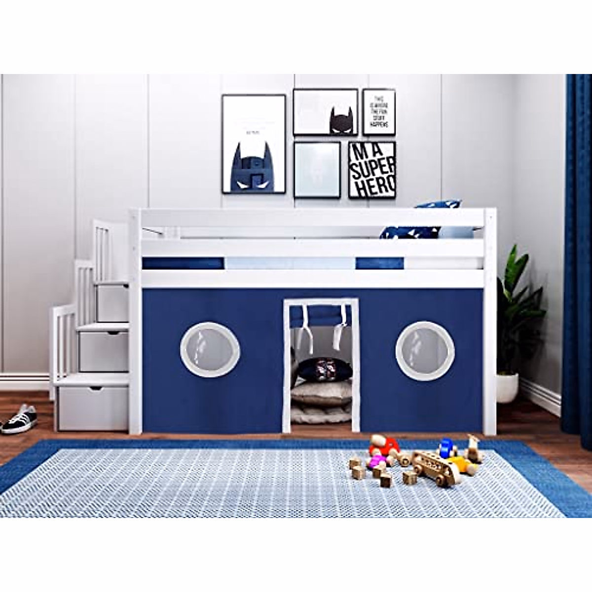 JACKPOT! Contemporary Low Loft Bed with Stairway, Twin, White with Blue & White Tent