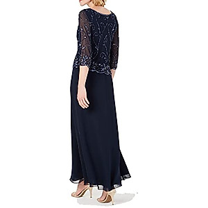 J Kara Women's Beaded Scallop Bodice Asymmetrical Gown, Navy/Mercury/Gun, 8