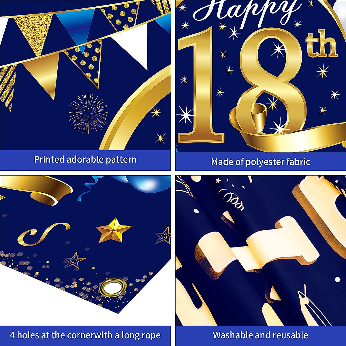 Happy 18th Birthday Banner Decorations for Men - Blue Gold 18 Birthday Backdrop Party Supplies - 18 Year Old Birthday Photo Background Sign Decor