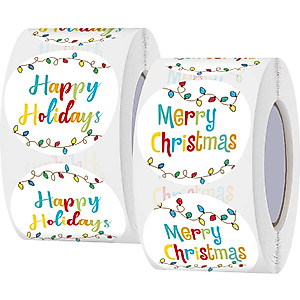 1000 Pieces 1.5 Inch Merry Christmas Stickers Holiday String of Lights Happy Holidays Happy New Year Stickers Labels Xmas Stickers for Christmas Party Presents Classroom Decoration