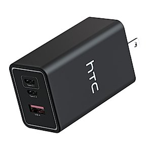 HTC 65W USB C Wall Charger, 3 Ports GaN PD Fast Charging Block Compact Foldable USB C Charging Station Power Adapter Plug for Laptop MacBook Pro/Air, iPhone 13/Pro/Max, Galaxy, iPad, and More