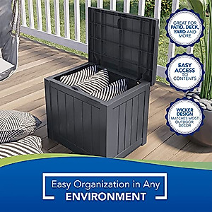 Suncast 22 Gallon Indoor or Outdoor Backyard Patio Small Durable Plastic Storage Deck Box with Attractive Bench Seat and Reinforced Lid, Cyberspace