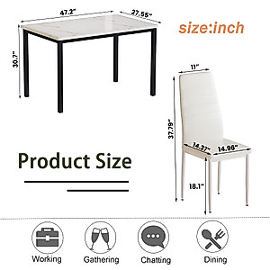 AWQM 5 Pieces Dining Table Set, Kitchen Table Set with Faux Marble Top Table and 4 Faux Leather Upholstered Chairs for Kitchen, Breakfast Nook, Dining Room, White+Beige