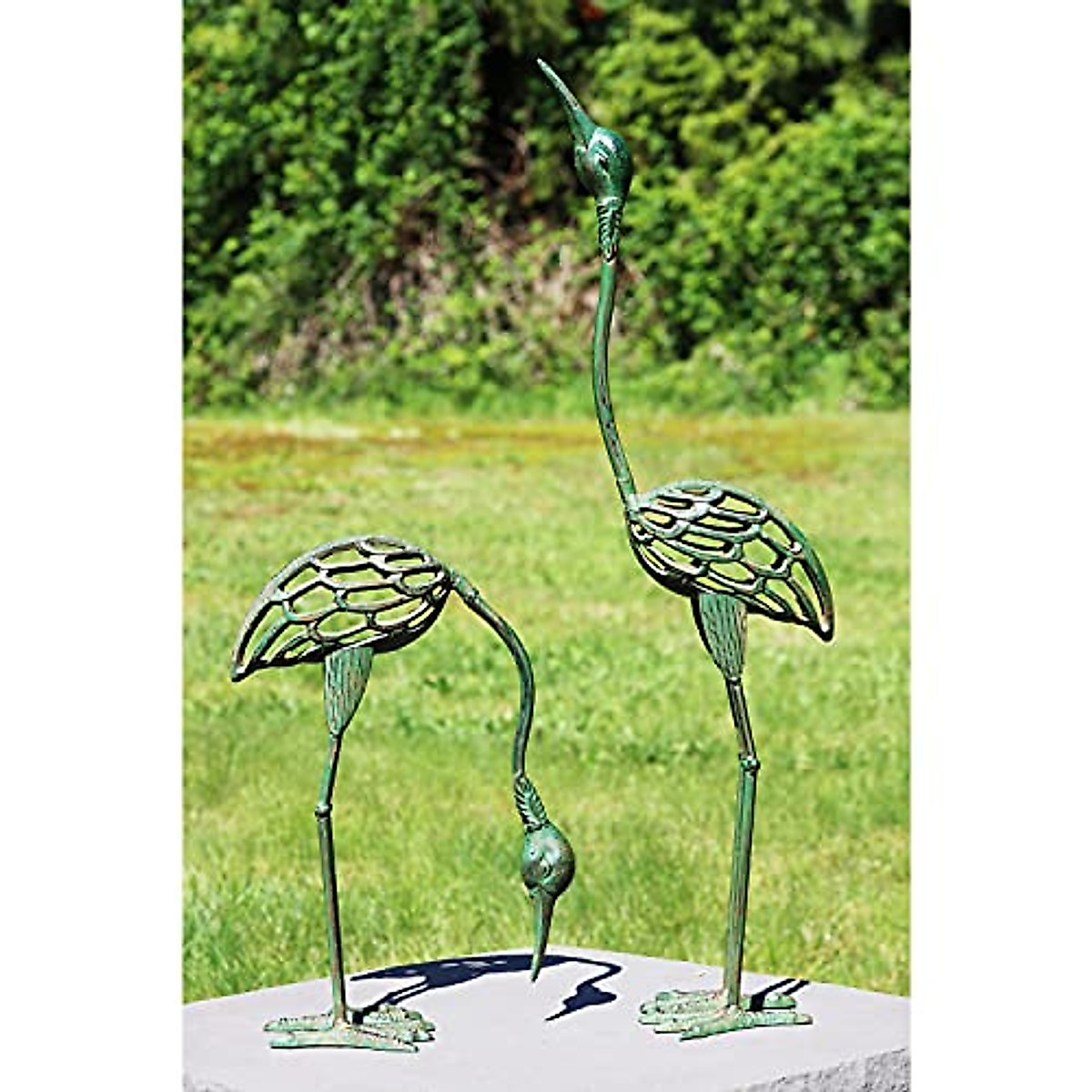 Seraphic Cast Iron Garden Decor Crane Bird Statues, Antique Green, Set of 2