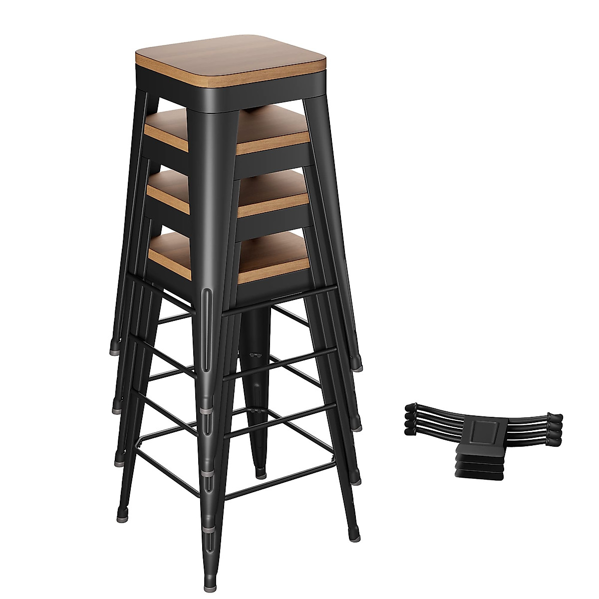 POINTANT Bar Stools Set of 4 Metal Bar Stool Counter Height Bar Stools Black, Modern 24" Bar Chairs with Back and Wooden Seat Bar Stools Counter Height
