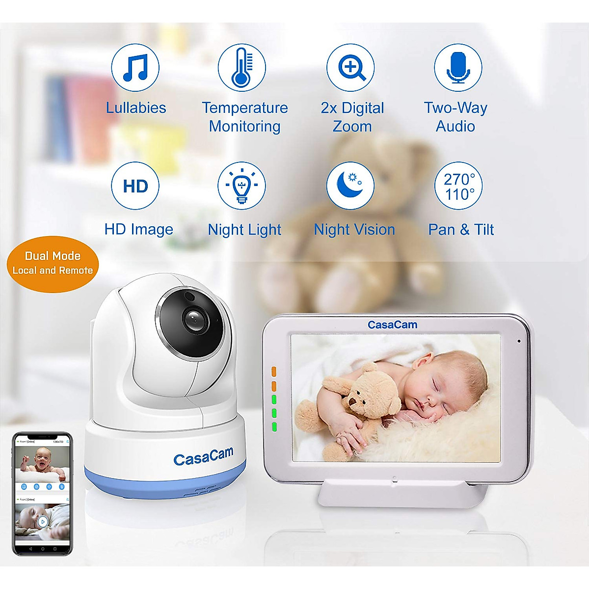 CasaCam Dual Mode Local & Remote View Baby Monitor with 5" Touchscreen and HD Pan & Tilt Camera, Secured Phone App, Two Way Audio, Lullabies, Nightlight, Night vision and Temperature Sensor. BM200 Pro