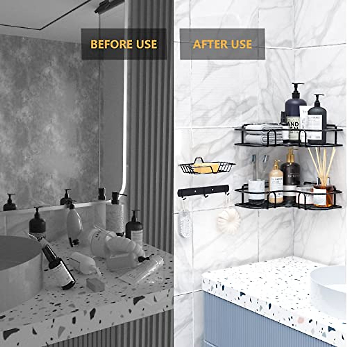 LURVUO Corner Shower Caddy,4Pack Shower Organizer Corner Shower Shelves with Soap Holder and Independent Hooks, No Drilling Wall Mounted Shower for Rack Bathroom,Dorm and Kitchen Storage.