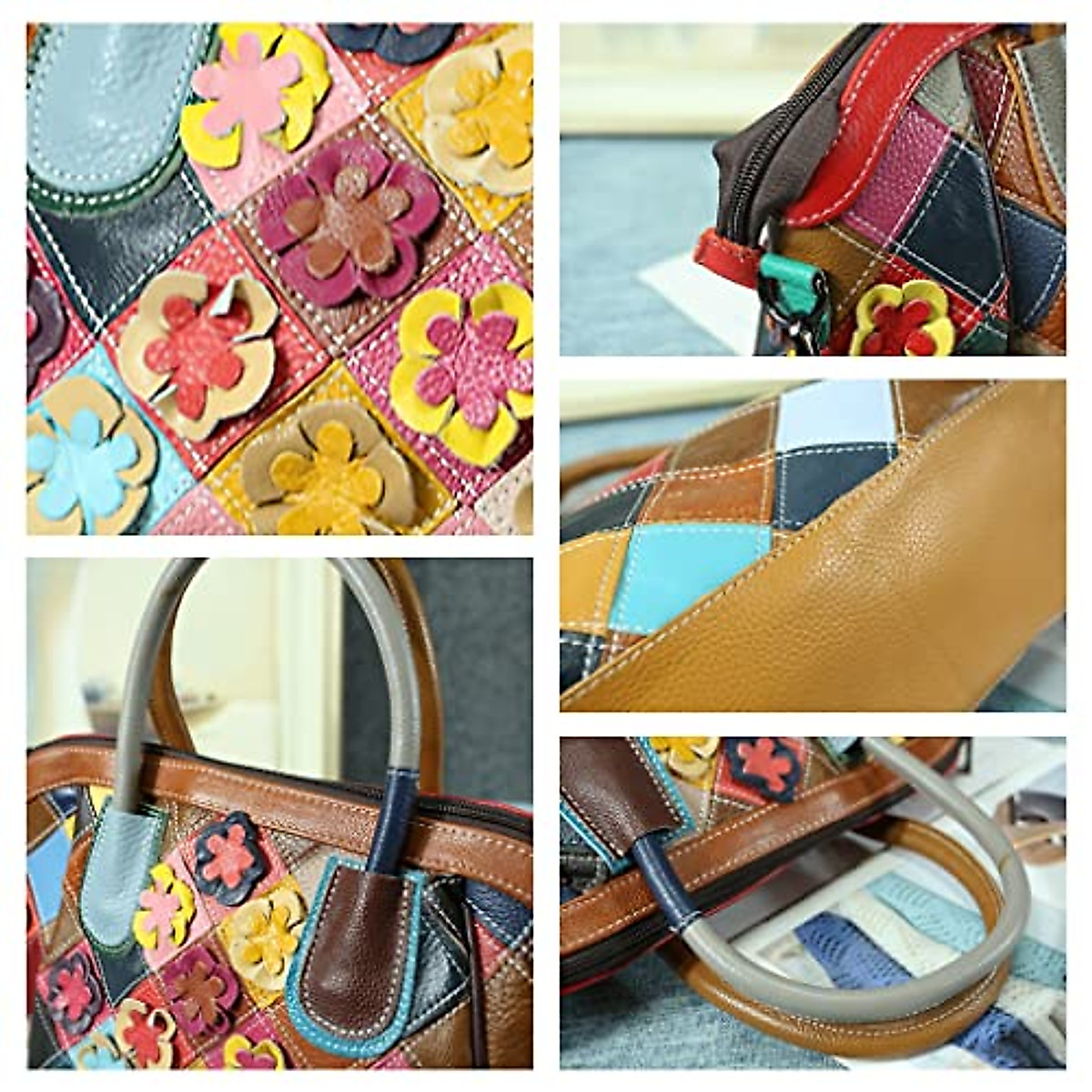 Maxzoom Womens Genuine Leather Hobo Bag Colorful Shoulder Handbag Purses with Contrast Color Patchwork and Handmade
