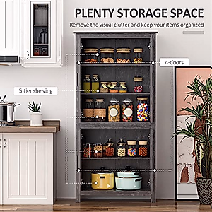 HOMCOM 64" 4-Door Kitchen Pantry, Freestanding Storage Cabinet with 3 Adjustable Shelves for Kitchen, Dining or Living Room, Grey