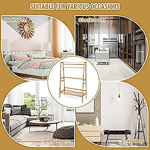 Tangkula Bamboo Clothing Rack with Storage Shelves, Freestanding Garment Rack with Top Shelf, Shoe Rack, 2 Hooks, Heavy-duty Clothing Storage Organizer for Bedroom, Entryway, Living Room, Natural