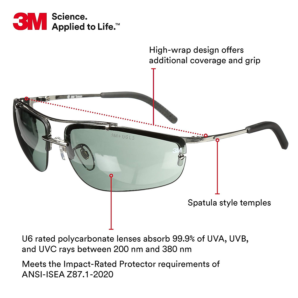3M Safety Glasses, Metaliks, ANSI Z87, Anti-Fog, Gray Lens, Polished Metal Frame, Adjustable Bridge