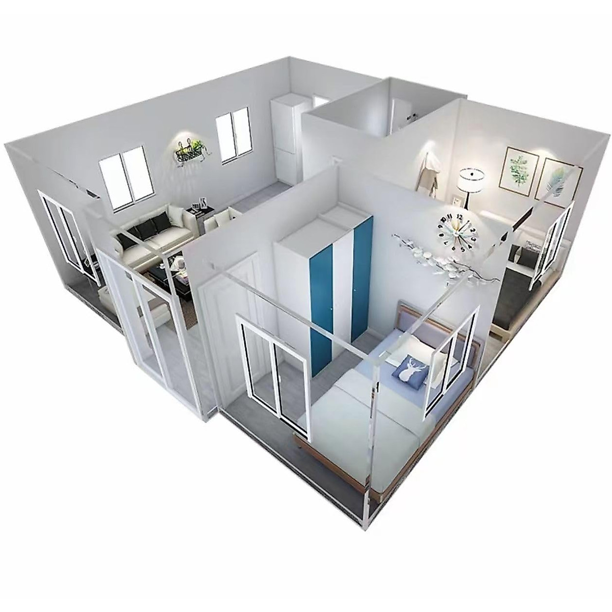 Large Portable House With Windows and Doors, L19ft x W20ft Prefabricated Home With Steel Frame: 2 Bedrooms, 1 Kitchen With Cabinets and Wash Basin, 1 Fully Equipped Washroom, Living Room, Unfurnished.