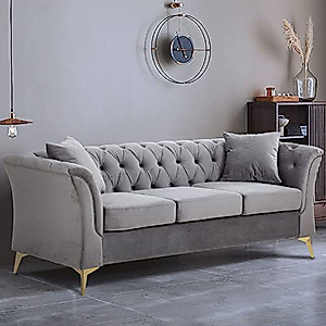 kevinplus 84'' Chesterfield Sofa Couch for Living Room, Modern Velvet 3-Seat Upholstered Sofa Couch for Apartment Bedroom Dorm Office, Strong Gold Metal Legs, 2 Pillows, Grey