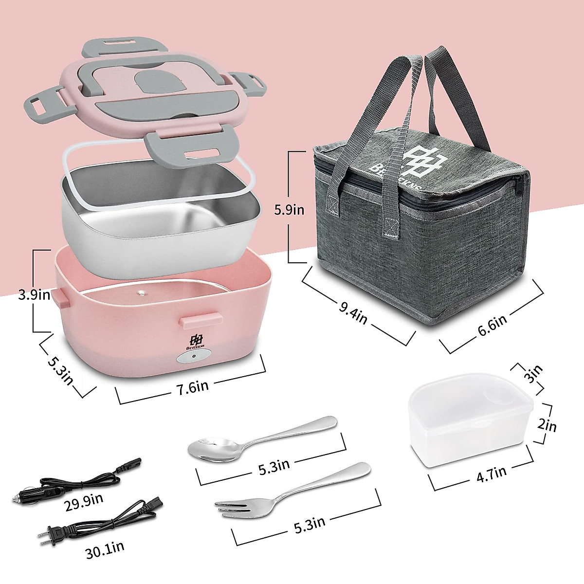 Electric Lunch Box Food Heater, Upgraded 80W Food Heated Electric Heating Lunch Box, 3 in 1 12V 24V 110-220V Portable Food Warmer Lunch Box with 304 SS Container Fork Spoon & Insulated Bag (Pink)