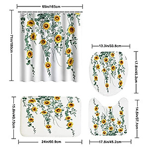 Mightree Shower Curtain Set of 4, Waterproof Fabric Bathroom Curtain with 12 Hooks, Toilet Lid Cover and Bath Mat, Non-Slip Rug Foot Mat, Sunflowers, Medium