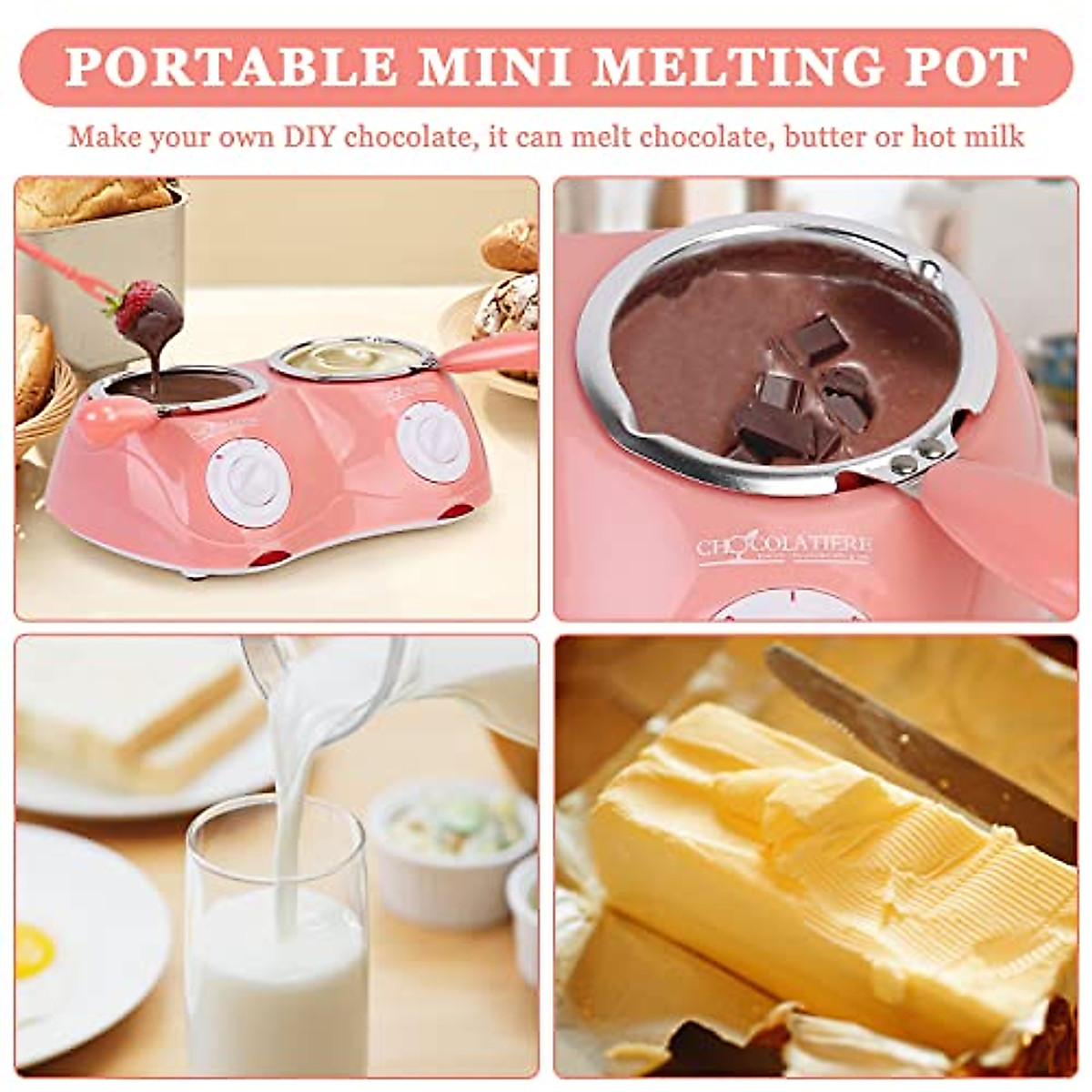 Outamateur Chocolate Melting Pot Electric Chocolate Fondue Mini Fondue Candy Maker with Double Melting Pot for Milk Chocolate,Cheese,Butter,Candy (Pink)