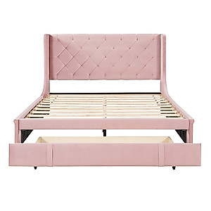 Morhome Queen Size Upholstered Bed Frame with Wingback Headboard and a Big Drawer, Noise-Free, No Box Spring Needed, Easy Assembly