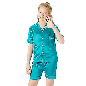 Topgal Big Girls Pajamas Size 10 – Lovely Teal Satin Short Sleeve & Shorts PJ Set Sleepwear