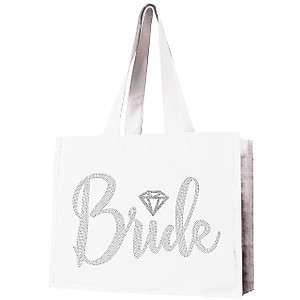 Bride Tote Bag, Bride Kit- Giant 18" x 14" Cotton Canvas White Totes with Diamond Motif Rhinestones, Engagement or Bridal Shower Gift & Accessories Bride Tote - White Tote(DiaBride RS) WHT
