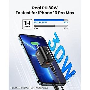 USB C Charger, SAFUEL 30W PD QC 3.0 Fast Charging 2 Ports Wall Charger [USB C+USB A], Quick Charge Power Adapter for iPhone 14 13 12 11 Pro Samsung S21 S20 Note 20 iPad Mini Google LG Tablets AirPods