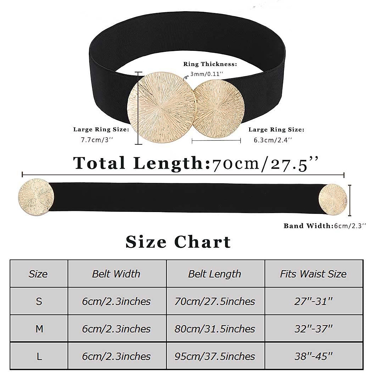 Tgirls Women Elastic Belt Wide Waist Belt Stretch Skinny Belt Cinch O-rings Buckle Belts Vintage Waistband for Dresses (Black+gold buckle, L)