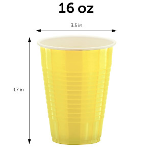 DecorRack 80 Party Cups, 16 oz -BPA Free- Plastic Soda Cups, Perfect for Birthday, Picnic, Indoor and Outdoor Event, Stackable, Reusable, Disposable Cup, Yellow (Pack of 80)