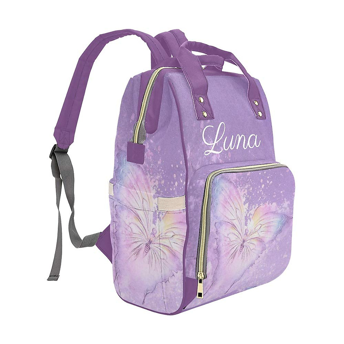 Personalized Watercolor Butterfly Purple Diaper Bag Backpack Name Custom Mommy Baby Bags Travel Daypack for Mom Gifts