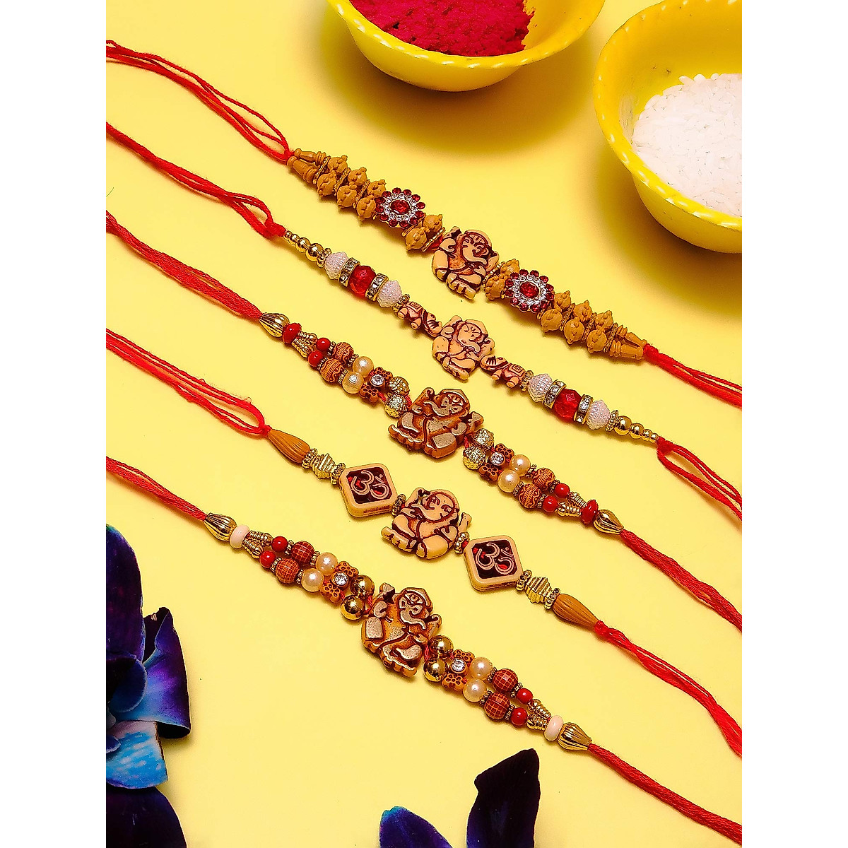 Crunchy Fashion 5 pcs Designer Rakhi Set with Roli/CHawal/Rice/Gift Pouch for Brother, Sister Raksha Bandhan Handmade Bracelet for Bhaiya Bhabhi Rakhi Combo in bulk