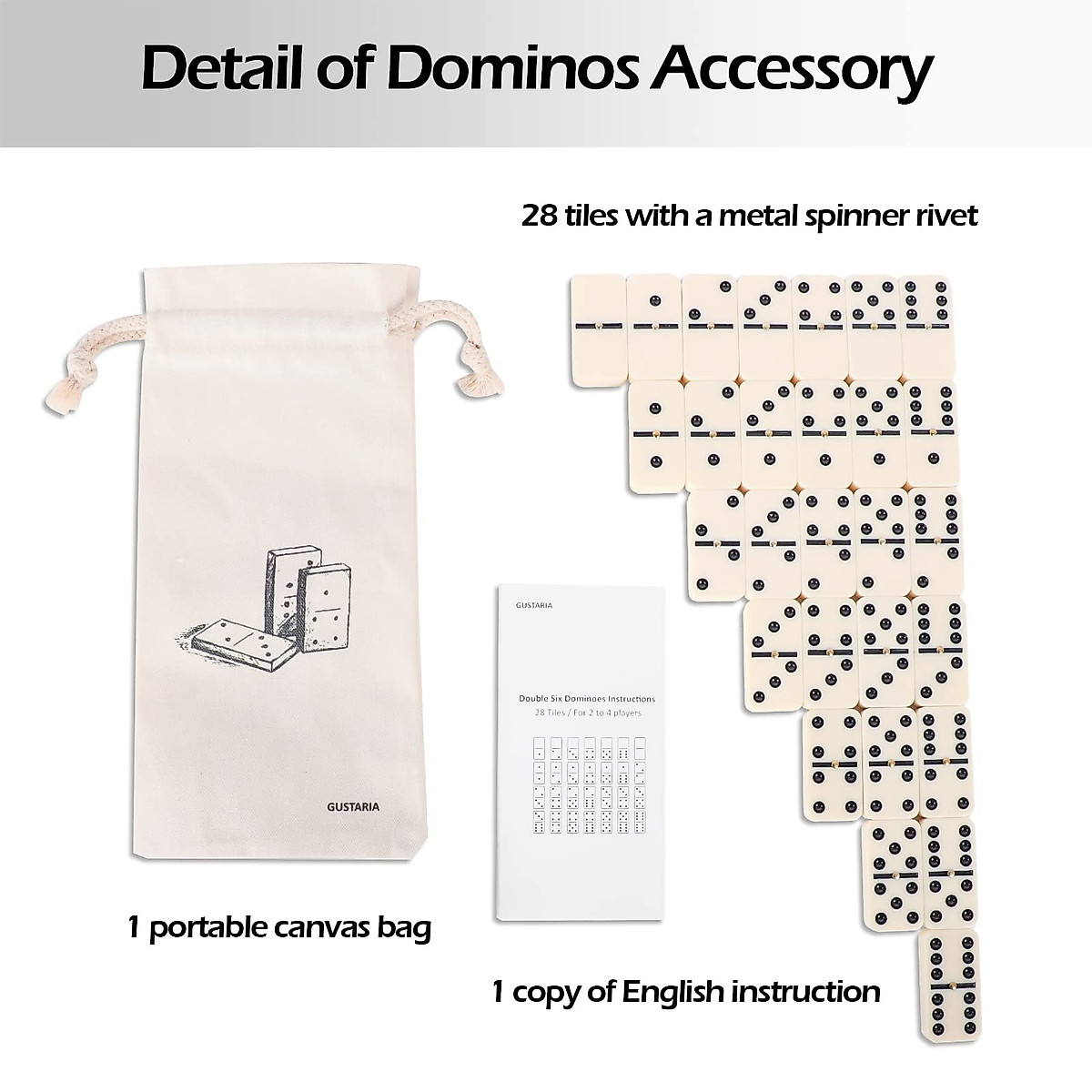 GUSTARIA Dominoes Set for Adults, Dominos Set with 28 Ivory Tiles, Double Six Dominos Game Set for Classic Board Game, with White Canvas Bag (2 to 4 Players)