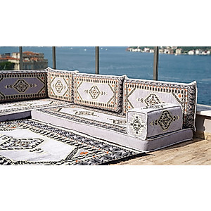 Gray L Shaped Pallet Cushions, Arabic Floor Sofa Set, Oriental Floor Seating, Sectional Floor Cushion, Indoor Floor Pillows, Arabic Majlis Set, Sofa Bed (L Sofa + Rug, 4'' Thickness (10 cm))