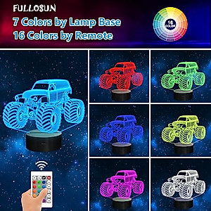 FULLOSUN Monster Truck Gifts, Car, Dirt Bike 3D Night Light for Kids (4 Patterns) with Remote Control & 16 Colors Changing & Dimmable Function & Gift Wrap, Xmas Birthday Gifts for Boy Girl (KIT1)