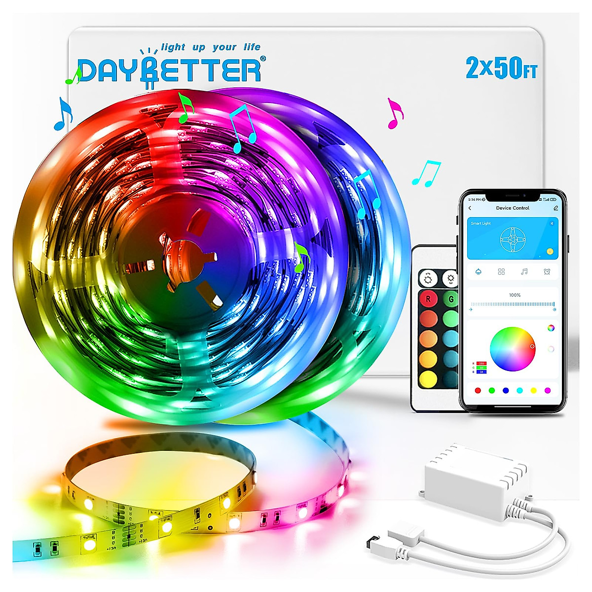 DAYBETTER Led Strip Lights 100ft (2 Rolls of 50ft) Smart Light Strips with App Control Remote, 5050 RGB Led Lights for Bedroom, Music Sync Color Changing Lights for Room Party