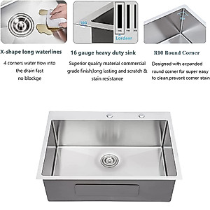 28 Kitchen Sink Drop In - Lordear 28 x 22 Kitchen Sink Single Bowl Drop In Stainless Steel 16-Gauge R10 Tight Radius Topmount Kitchen Sink