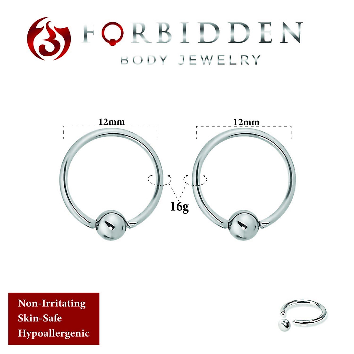 Forbidden Body Jewelry Stainless Steel Captive Bead Ring, Captive Bead Ball, Captive Hoop Cartilage, 16g 12mm Every-Day Surgical Steel Captive Bead Ring Body Piercing Hoops 4mm Balls