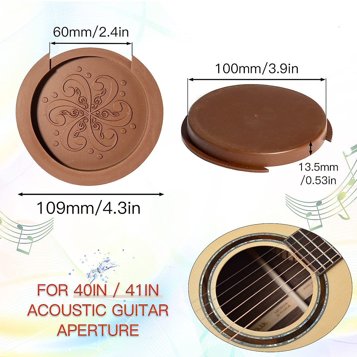 Cheerock Guitar Soundhole Cover 4 inch, Soft Rubber Sound Hole Cover to Reduce Feedback and Noise for Acoustic Guitar 40/41 Inch (Brown)