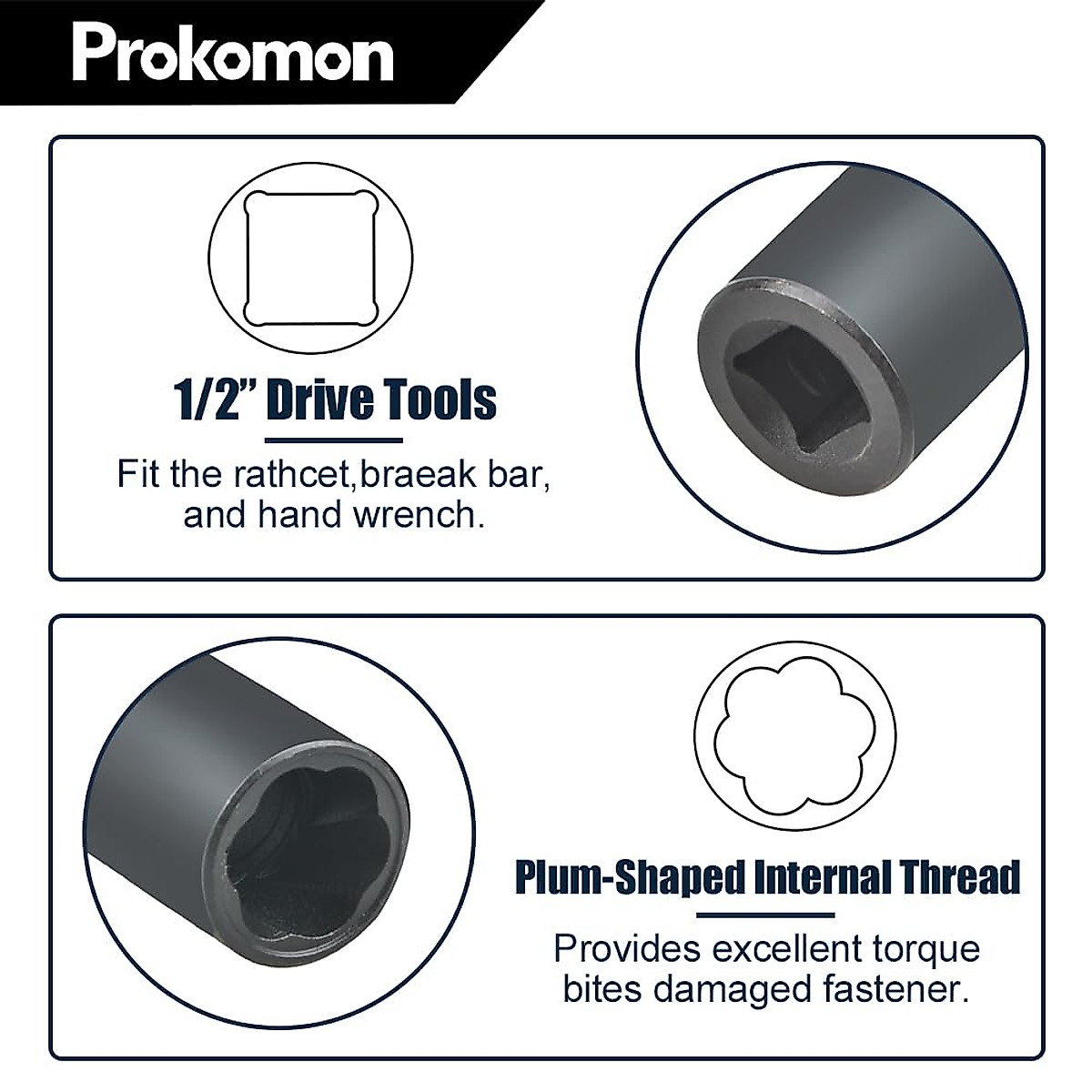 Prokomon Wheel Lock Removal Socket, 6 Pcs Cr-Mo Steel Twist Socket Set, Metric 17-22mm Bolt Lug Nut Extractor Socket with Drift Punch Nut Removal Bar