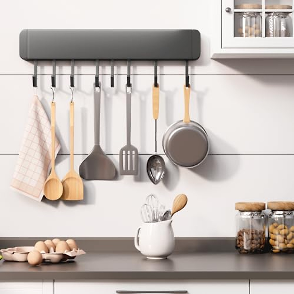 Galetcy Kitchen Utensil Hanger - 1 Pcs Wall Mounted Hooks, No Drilling Removable and Adjustable Hooks Kitchen Rail with 8 Hooks for Hanging Cooking Utensils, Mugs, Spoons
