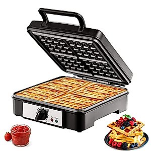 VEVOR Waffle Maker 1200W Square Waffle Iron, Non-Stick Waffle Baker Machine with Five-setting Browning Controls, 4 Slice Belgian Waffle Maker Teflon-Coated Baking Pans Stainless Steel Body, 120V
