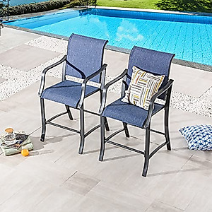 LOKATSE HOME 2 Pieces Outdoor Counter Height Bar Stools Patio Furniture Metal Armchair Set, Blue