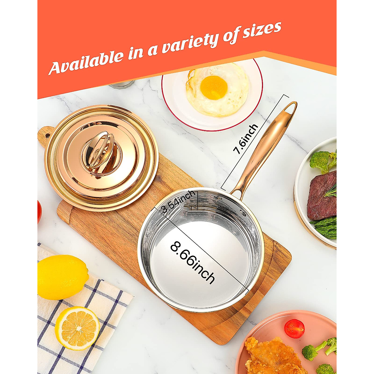 DAEDALUS 3 Quart Uncoated Nonstick Saucepan with Lid, Stainless Steel Pot Triply Hammered Copper for Cooking, Induction Saucepan Cookware for Home Kitchen Restaurant, Dishwasher Oven Safe - Gold