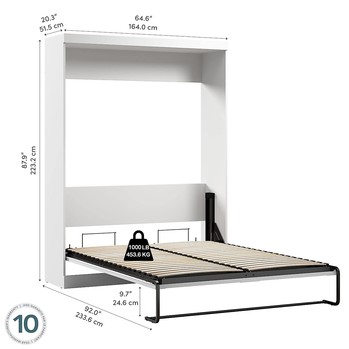 Bestar Pur 67W Queen Size Murphy Cabinet Bed with Mattress in White, Space-Saving Sleeping Arrangement for Multipurpose Bedroom, Guest Room or Home Office