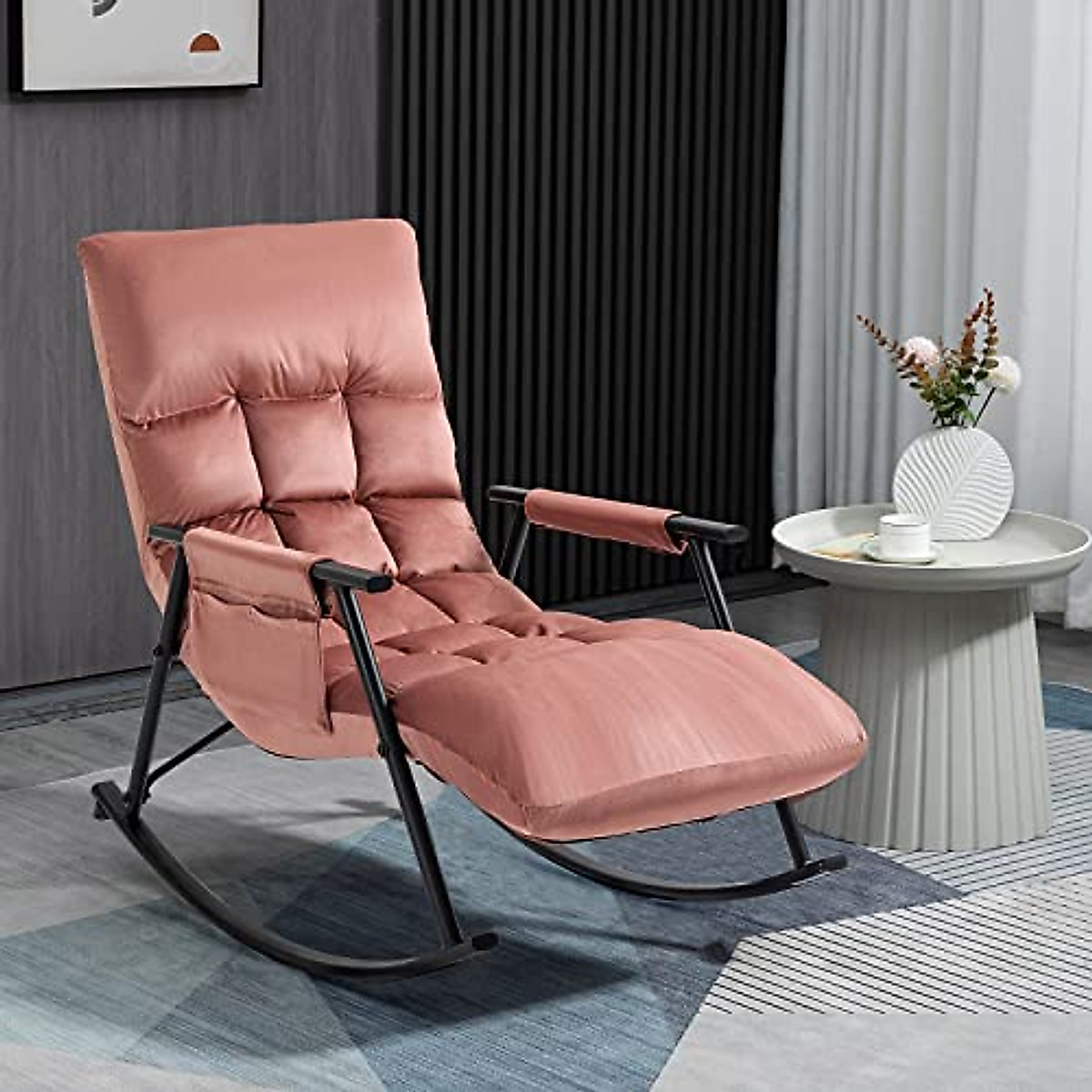 ZJhome Velvet Accent Folding Rocking Recliner Chair Nursery with Side Pocket Adjustable High Back & Foot Rest, Comfortable Upholstered Nursing Glider Rocker Armchair for Living Room, Bedroom(Pink)